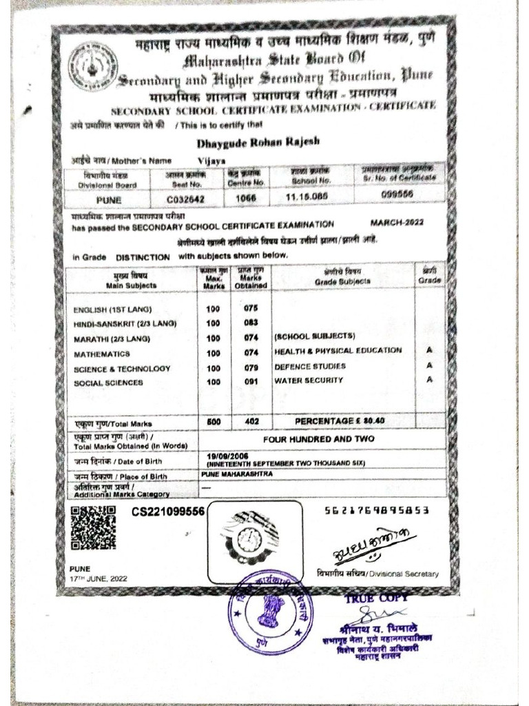 10th Mark Sheet | PDF