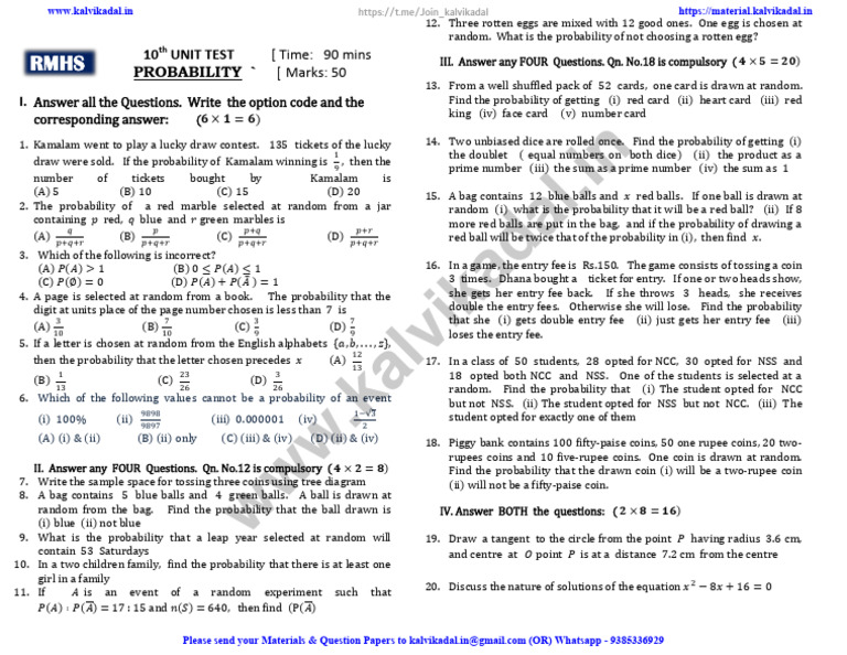 10th Unit Test - Probability | PDF | Probability | Circle