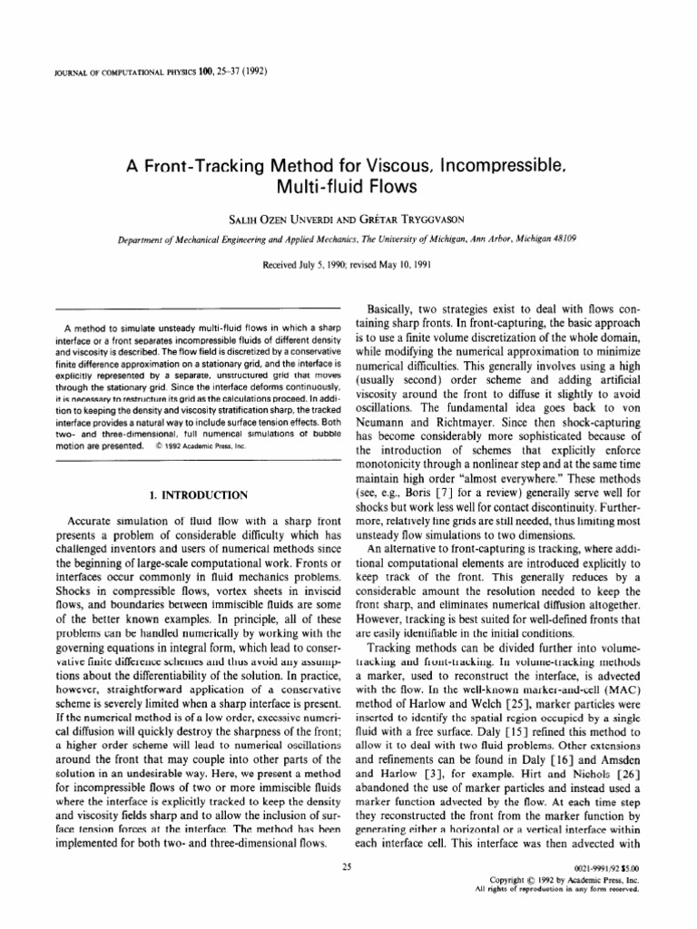 1992-Tryggvason-A Front-Tracking Method For Viscous, Incompressible, Multi-Fluid Flows | PDF ...