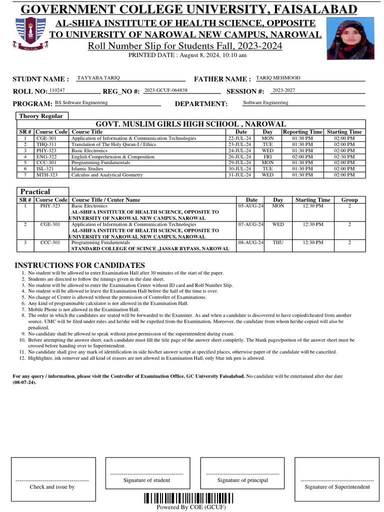 GCUF Roll Number Slip Fall 2023-2024 | PDF | Computing
