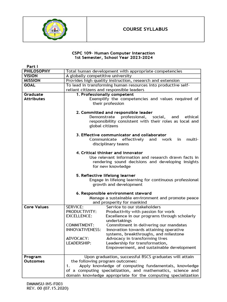CSPC 109 - Course Syllabus | PDF | Human–Computer Interaction | Computing