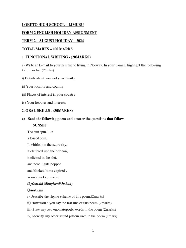 Form 2 English August Ha | PDF | Linguistics