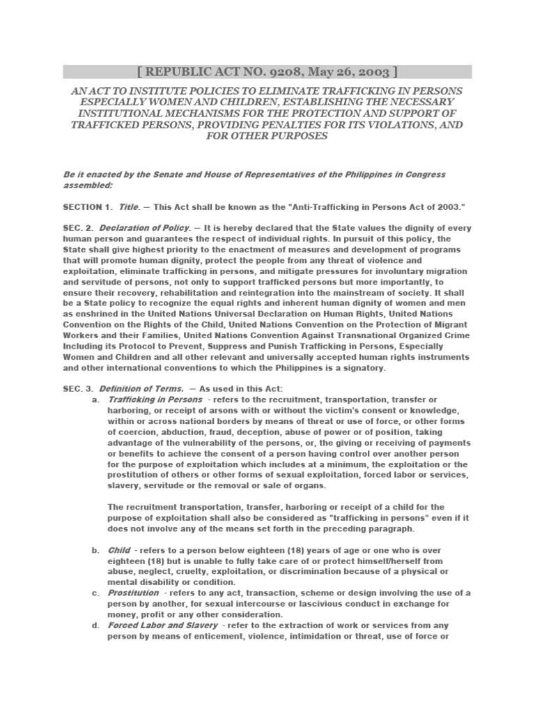 Anti-Trafficking in Persons Act 2003 | PDF | Sexual Slavery | Human ...