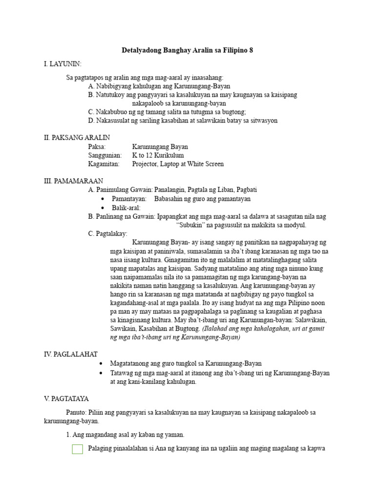 Lesson Plan Filipino 8 - 1st Week | PDF