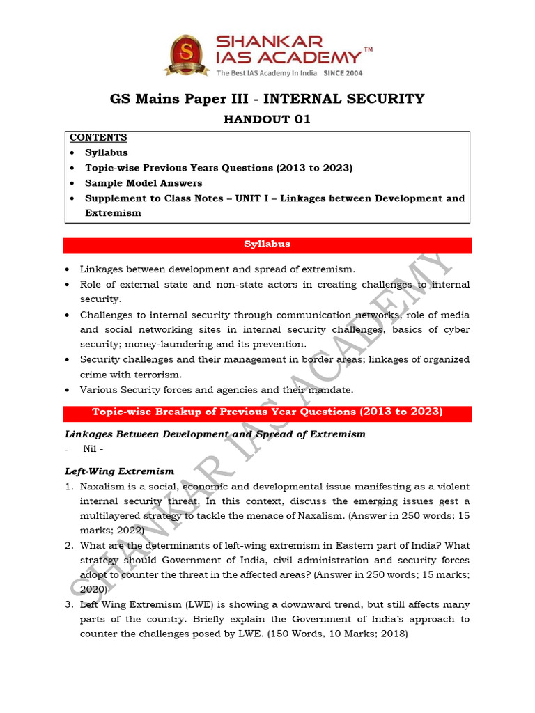 Internal Security Handout 1 Syl, PYQs, Model Ans & Suppl Notes 1 | PDF ...