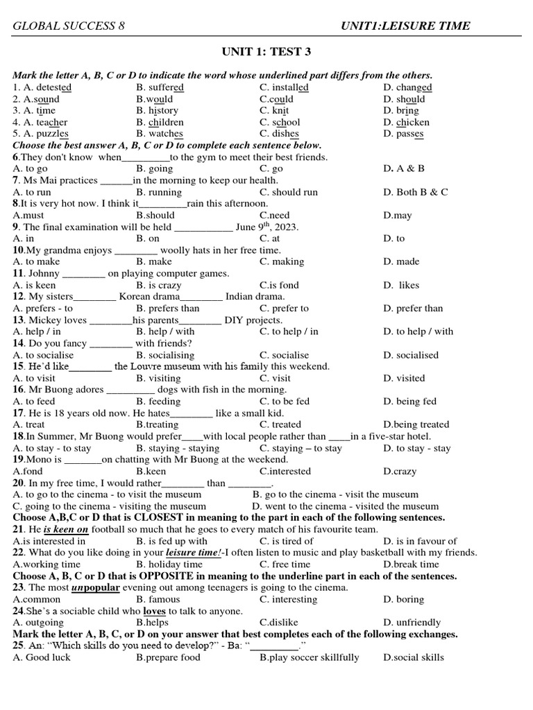 Unit 1 Practice Test 3 | PDF | Hobbies | Leisure