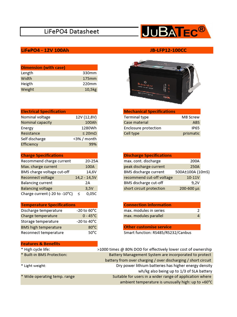 Lifepo4 Datasheet: Lifepo4 - 12V 100ah Jb-Lfp12-100Cc | PDF | Energy ...