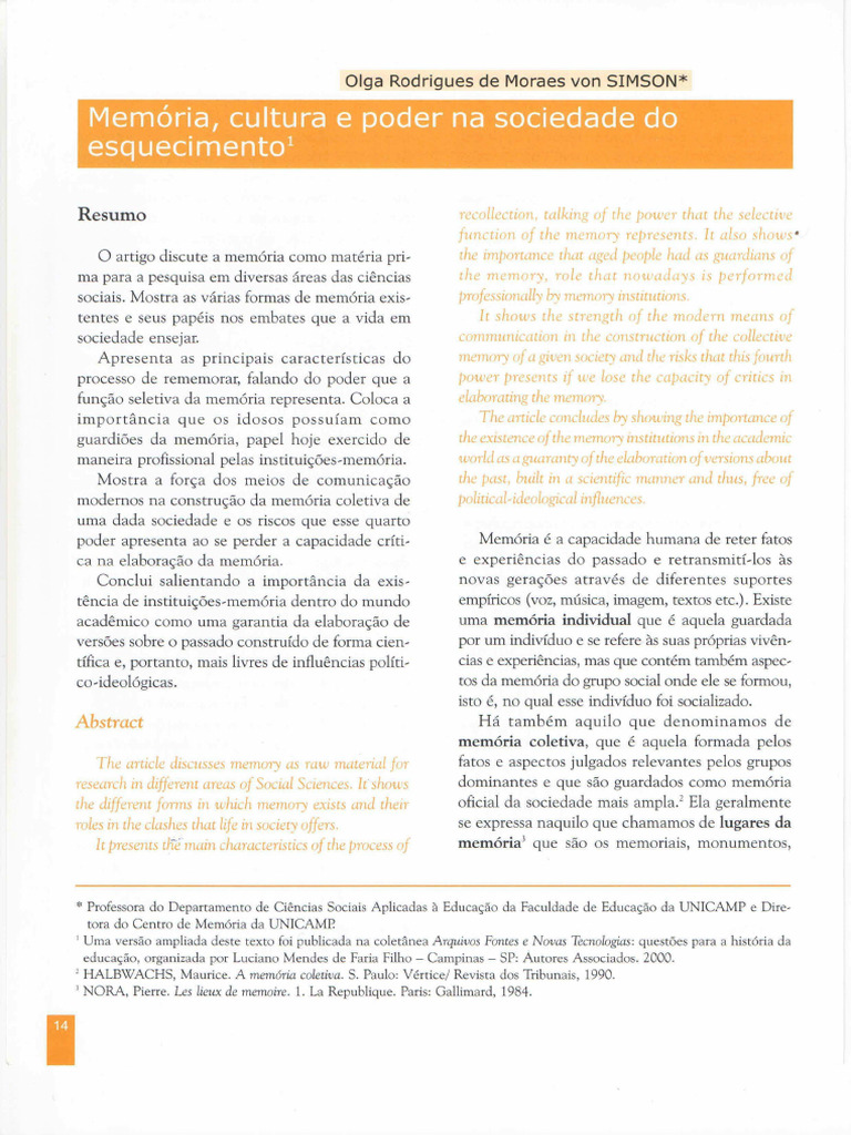 Memoria Cultura e Poder Na Sociedade Do | PDF | Sociologia | Memória