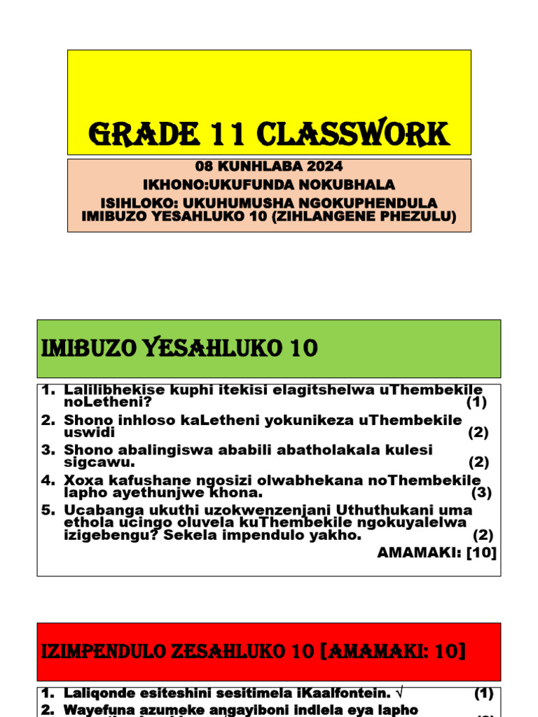 GRADE 11 CLASSWORK 08.05.24 ISAHLUKO 10 ZIHLANGENE PHEZULU | PDF