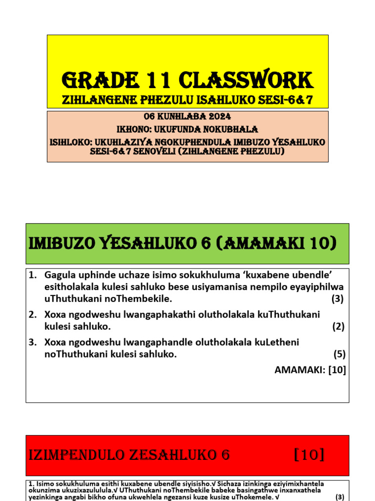 Grade 11 Classwork 06.05.24 Zihlangene Phezulu Isahluko 6 & 7 | PDF