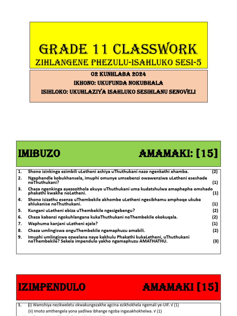 Grade 11 Classwork 02.05.24 Zihlangene Phezulu Isahluko 5 | PDF