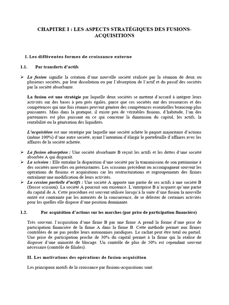 Chapitre I: Les Aspects Stratégiques Des Fusions-Acquisitions | PDF | Fusions et acquisitions ...