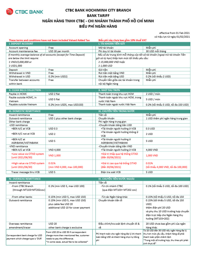 Bank Tariff-20210201 - Clean | PDF