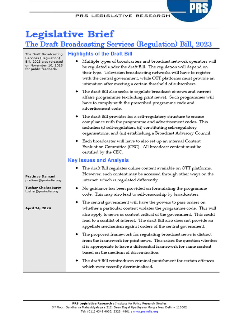 Legislative Brief-Draft Broadcasting Bill 2023 | PDF | Broadcasting | News