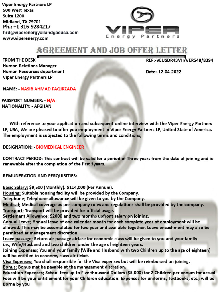 Viper Job Offer.............. Nasib Ahmad Faqirzada | PDF | Salary ...