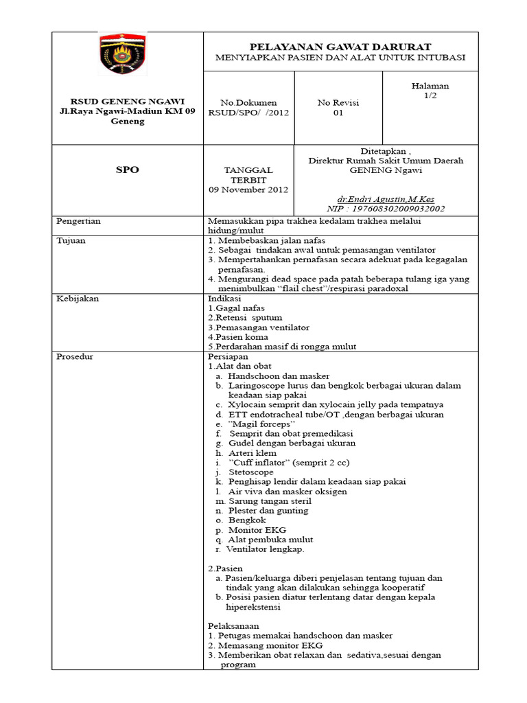 Prosedur Intubasi Gawat Darurat RSUD Geneng | PDF
