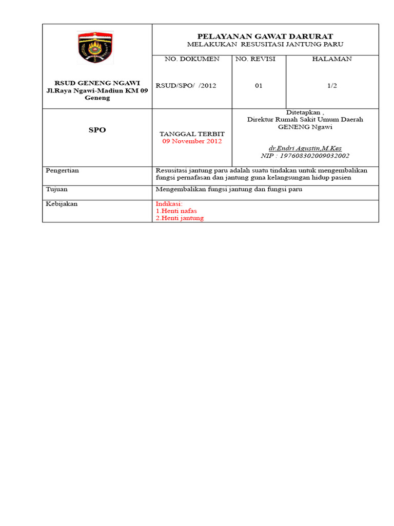 Prosedur Resusitasi Jantung Paru RSUD Geneng | PDF