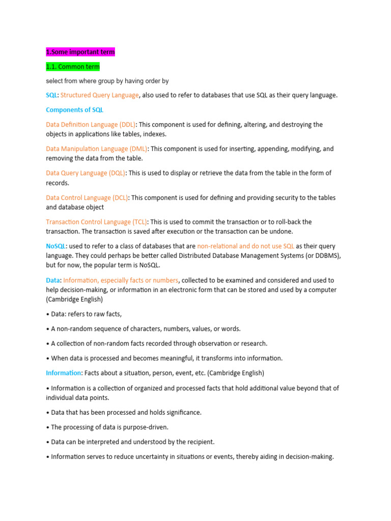 Understanding SQL and Database Concepts | PDF | No Sql | Data Warehouse