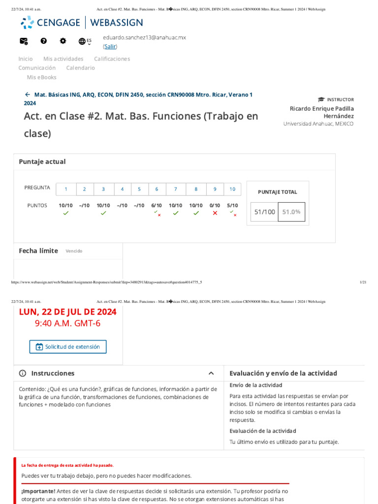 Act. en Clase #2. Mat. Bas. Funciones - Mat. B Sicas ING, ARQ, ECON, DFIN 2450, Section CRN90008 ...