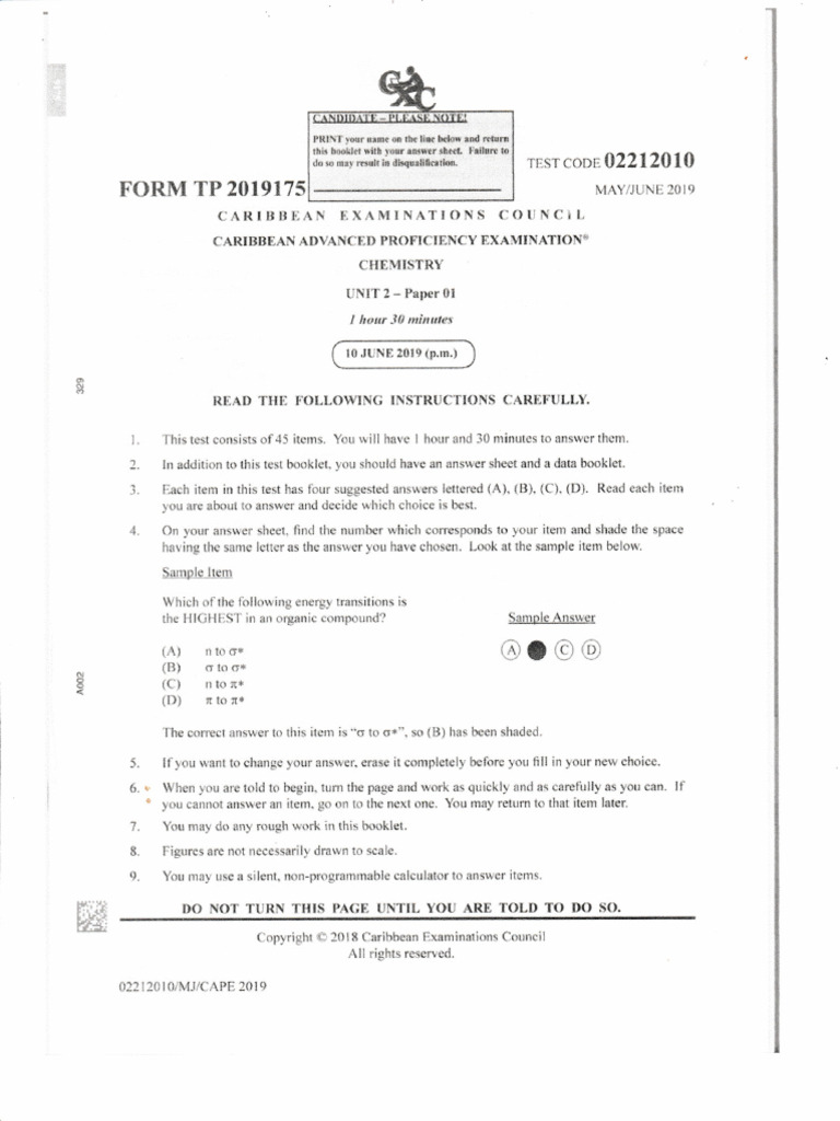 Cape Chemistry U2 P1 May-June 2019 With Answers | PDF