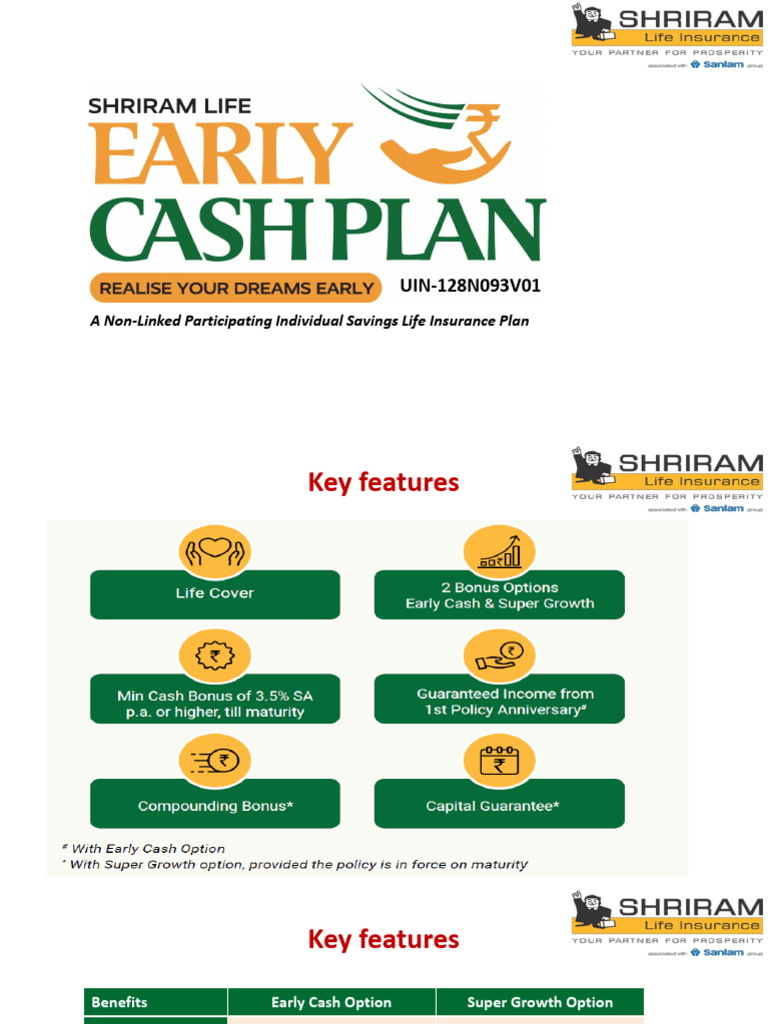Shriram Life Early Cash Plan Overview | PDF | Insurance | Life Insurance