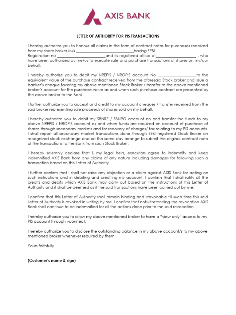 Letter of Authority For Pis Transactions | PDF | Banks | Debits And Credits
