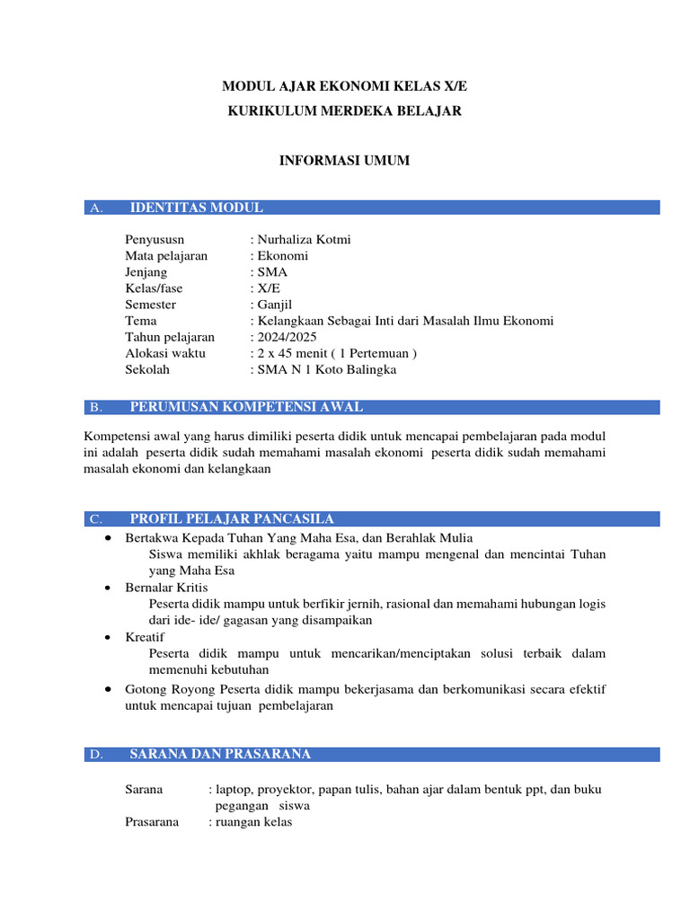 Modul Ajar Ekonomi Kelas X e | PDF