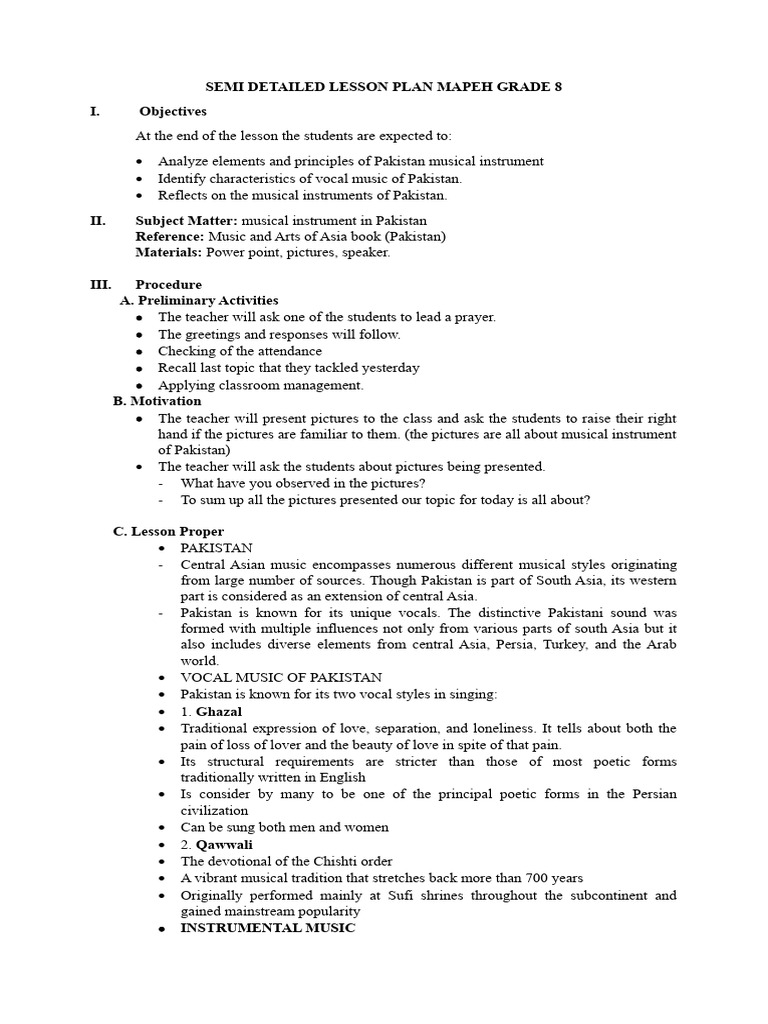 6th SEMI DETAILED LESSON PLAN MAPEH GRADE 8 | PDF