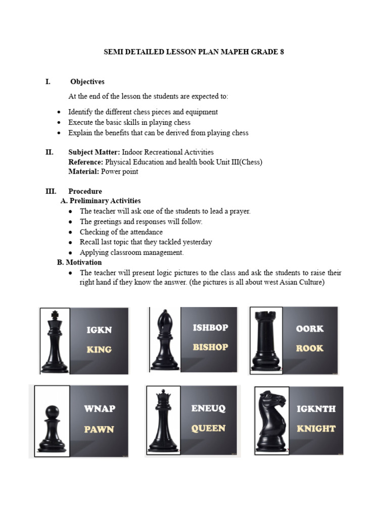 Grade 8 MAPEH Chess Lesson Plan | PDF | Chess | Traditional Board Games