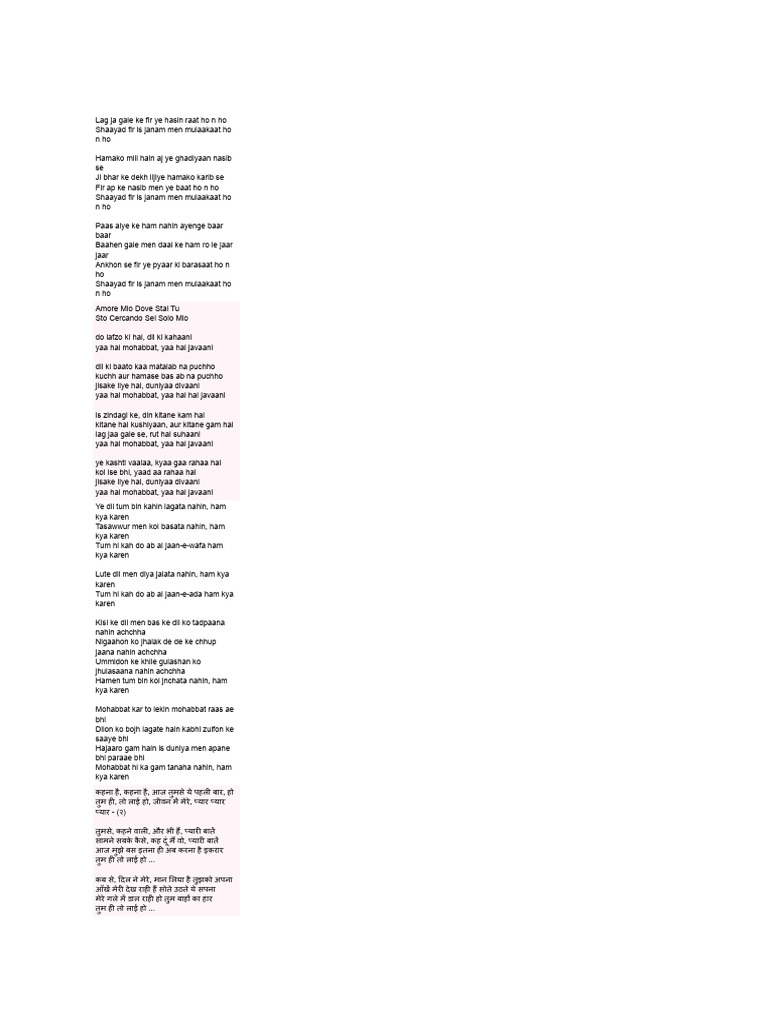 Romantic Hindi Song Lyrics Collection | PDF
