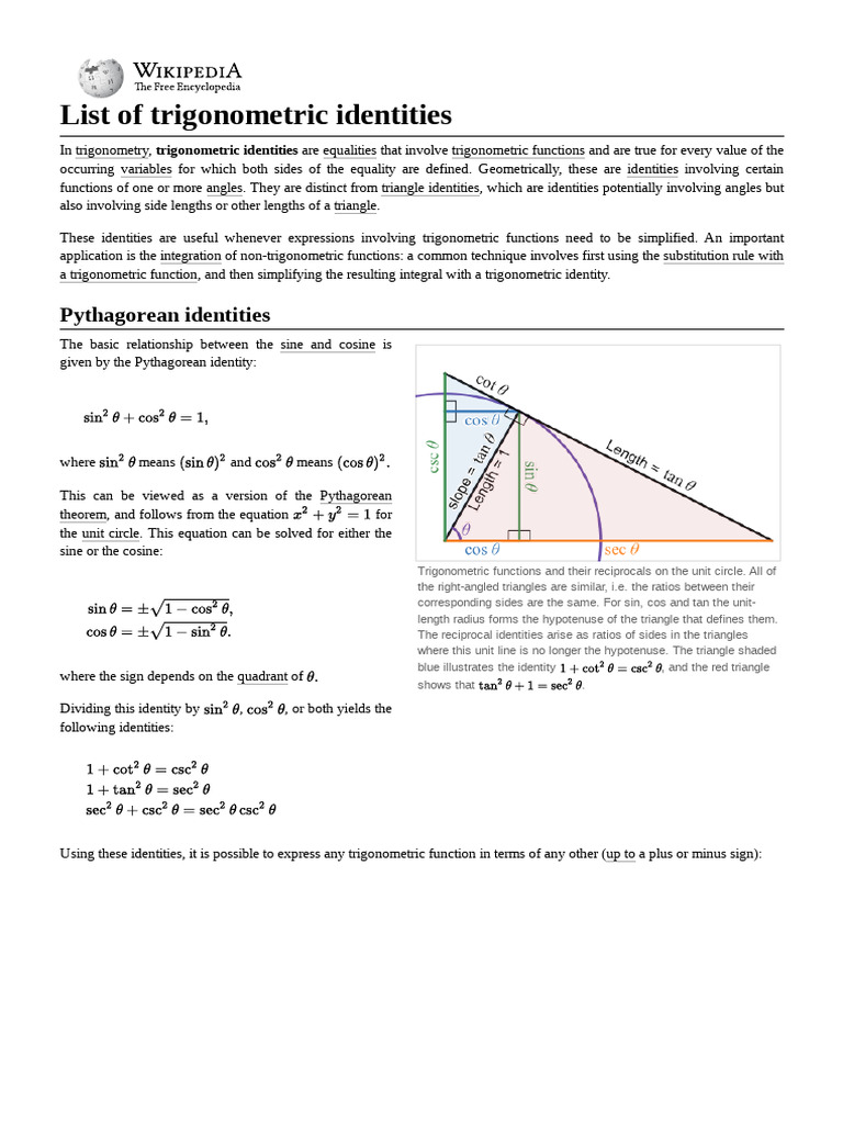 List of Trigonometric Identities | PDF | Trigonometric Functions ...