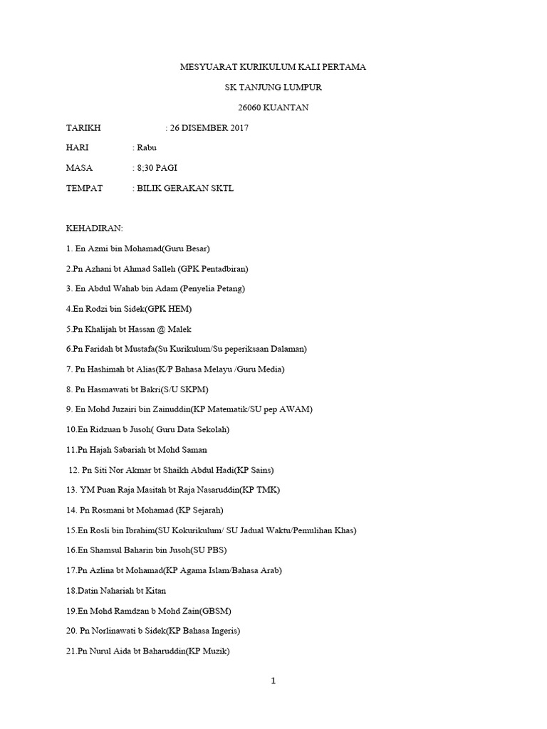 MINIT MESYUARAT Kuri 1 2018 | PDF