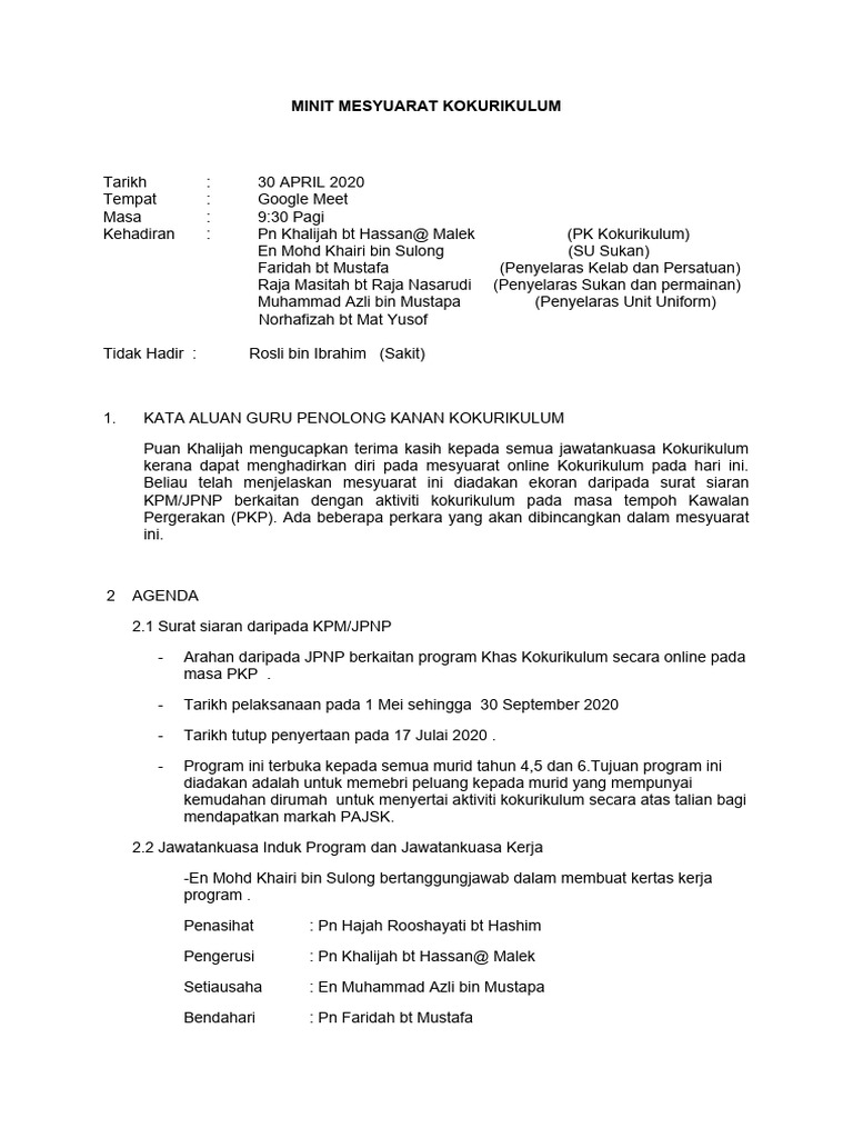 Minit Mesyuarat Kokurikulum 1-Online | PDF