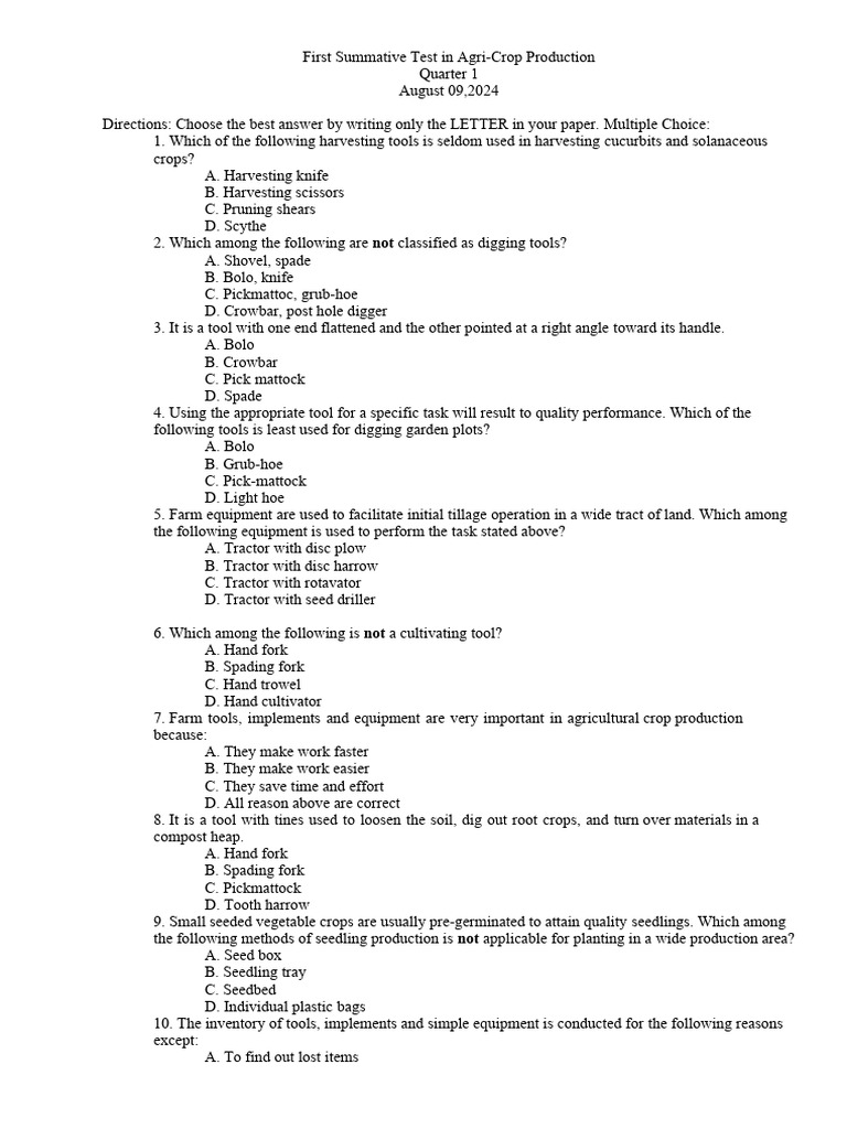 Agri-Crop Production Test: Tools & Equipment | PDF | Tillage | Agriculture