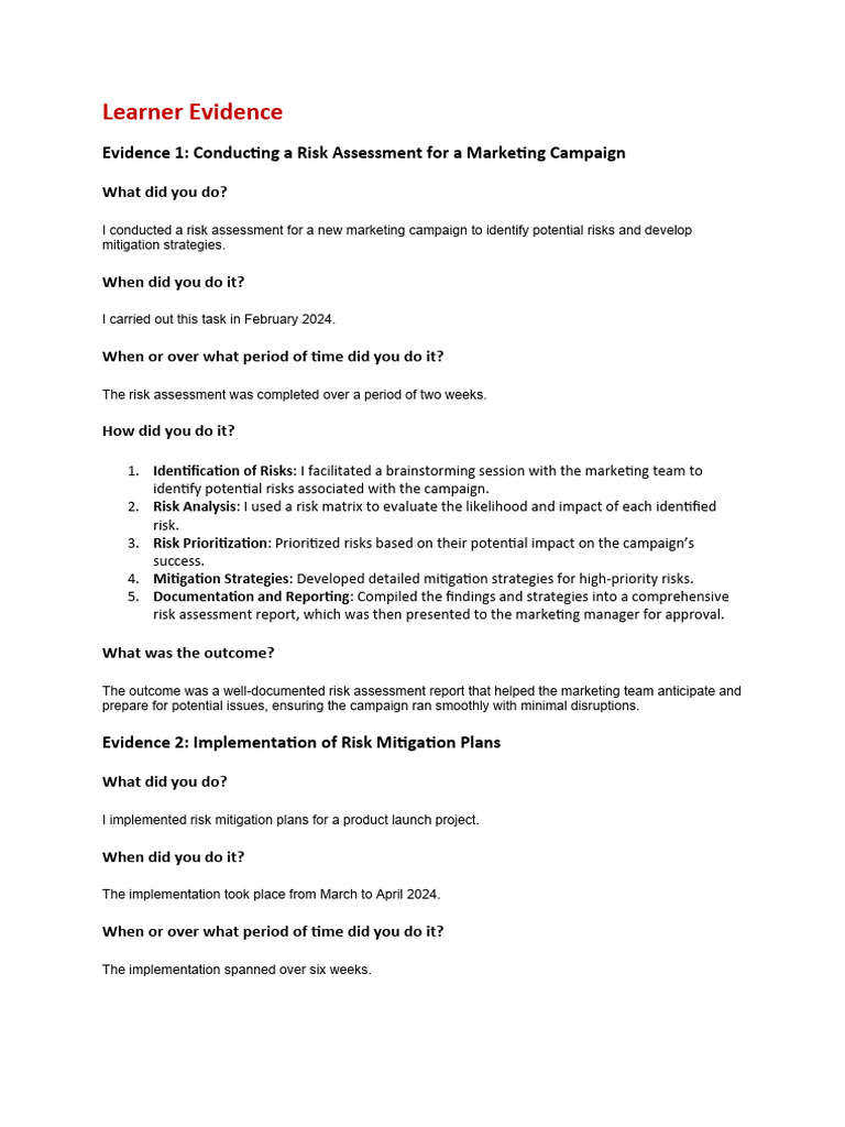 BSBOPS504 Learner Evidence V1.0 . | PDF | Risk | Risk Management