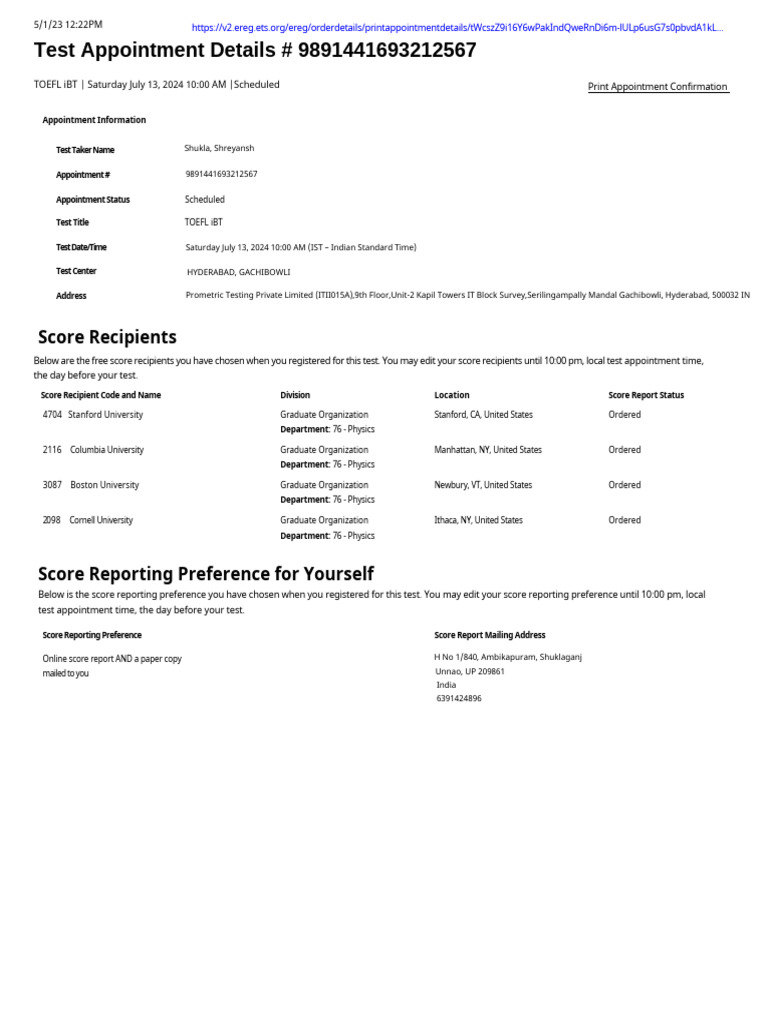 TOEFL Test Appointment Details | PDF