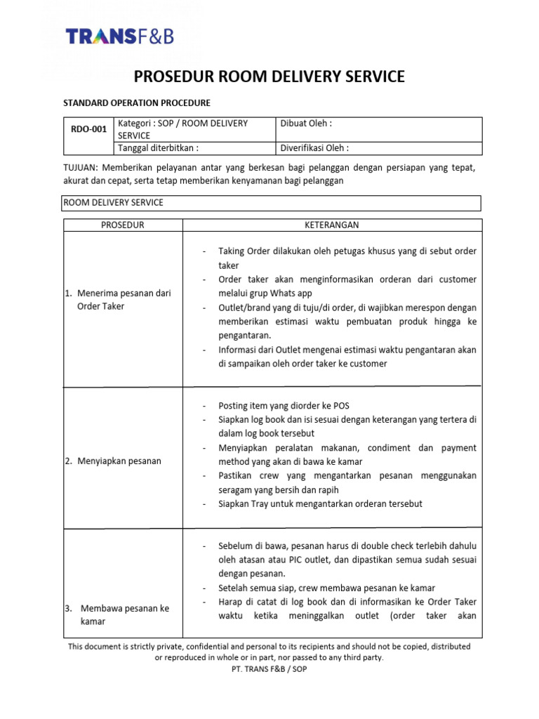 SOP - ROOM DELIVERY PROCEDURE | PDF