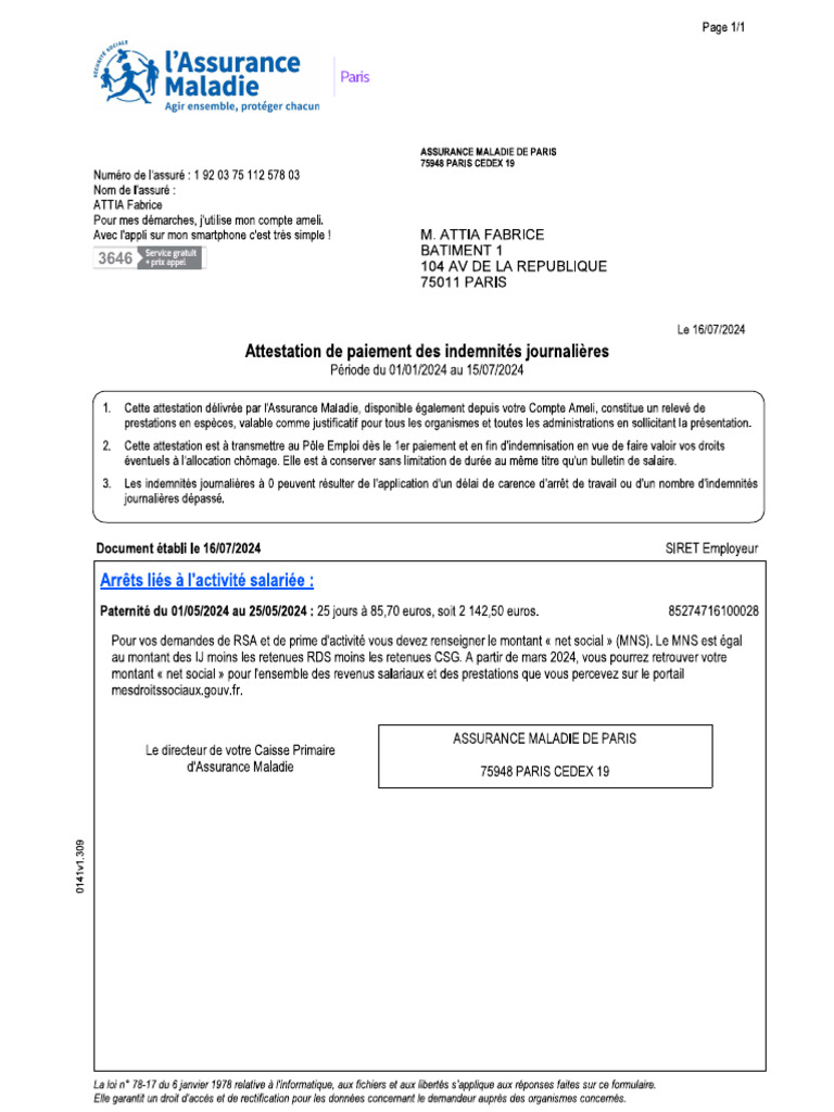 Attestation Ameli Conge Paternité | PDF