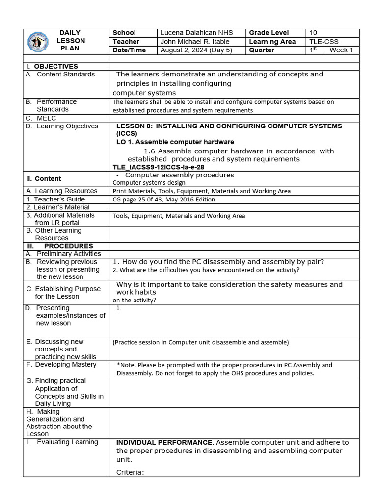 DLP-TLE-CSS10-Aug 2 Day5 w1 | PDF | Learning | Cognitive Science