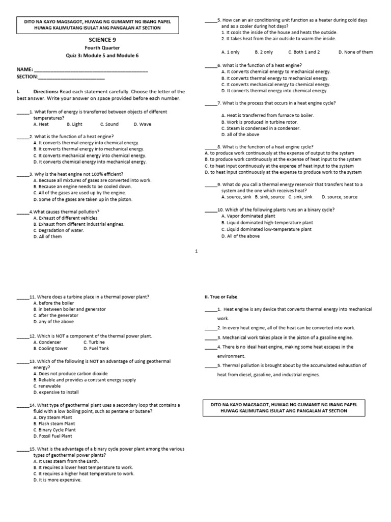 Science 9 Quiz on Heat Engines and Energy | PDF | Engines | Heat