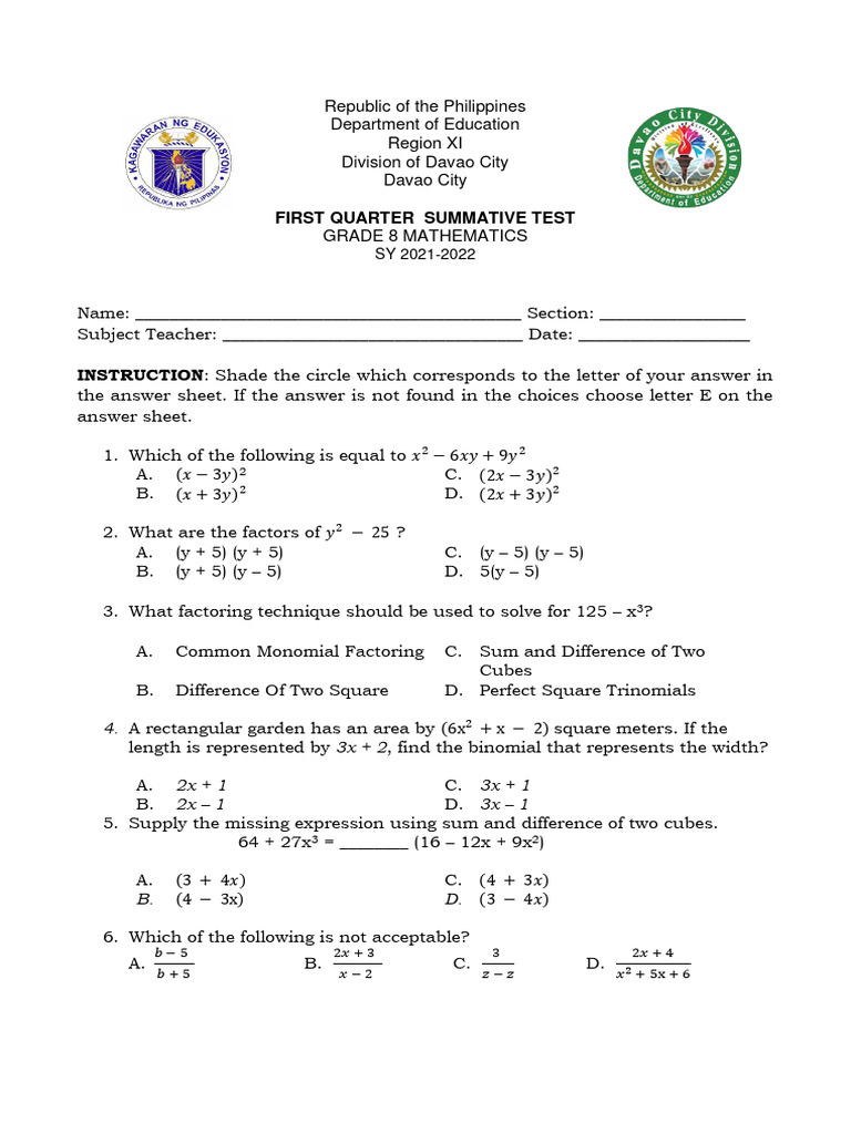 Q1 Mathematics 8 Summative Test | PDF | Factorization | Elementary ...
