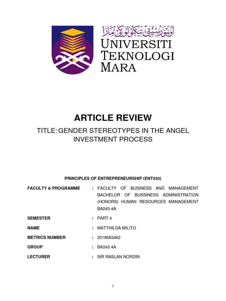 Article Review - Sample | PDF | Entrepreneurship | Stereotypes