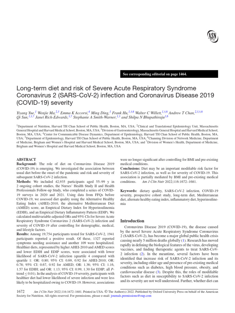 Long-Term Diet and Risk of Severe Acute Respiratory Syndrome | PDF ...