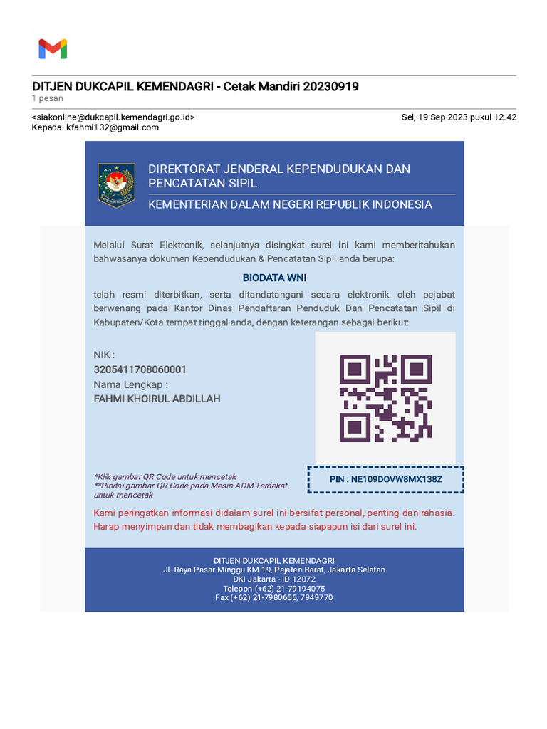 Gmail - Ditjen Dukcapil Kemendagri - Cetak Mandiri 20230919 | PDF