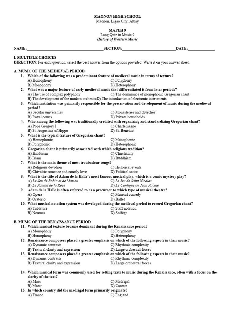 Music History Quiz for MAPEH 9 | PDF | Baroque Music | Concerto