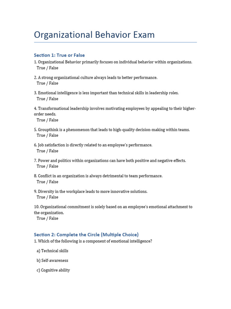 Organizational Behavior Exam | PDF | Organizational Behavior | Business