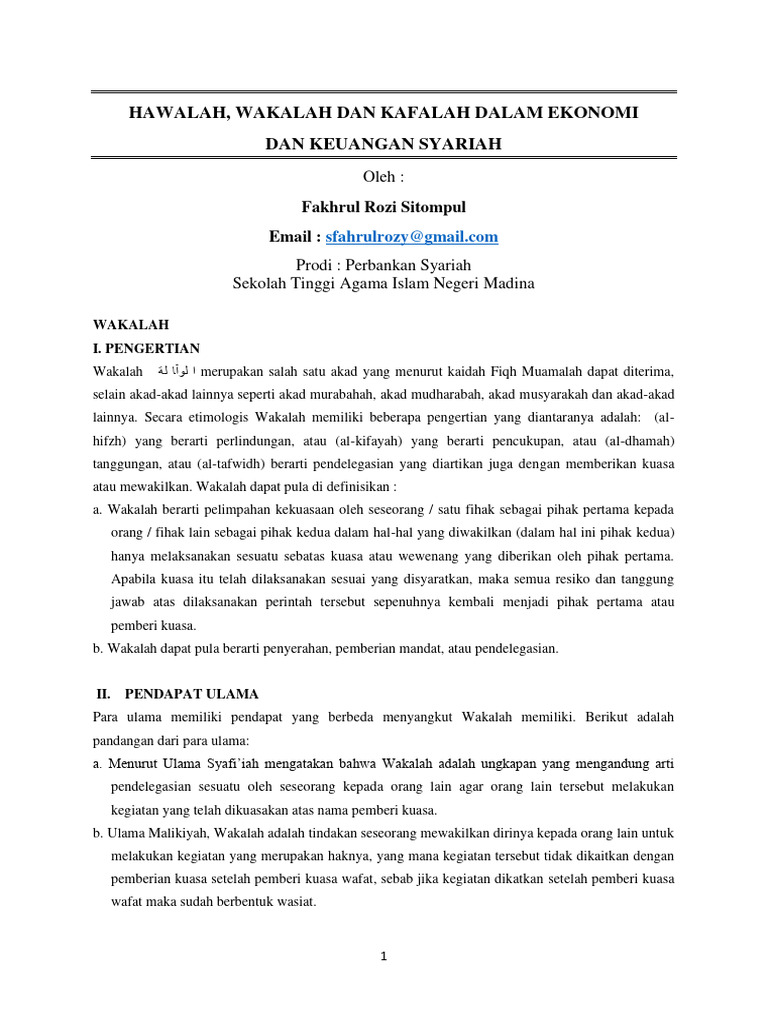 HAWALAH, WAKALAH DAN KAFALAH DALAM EKONOMI - Fakhrul Rozi Sitompul | PDF