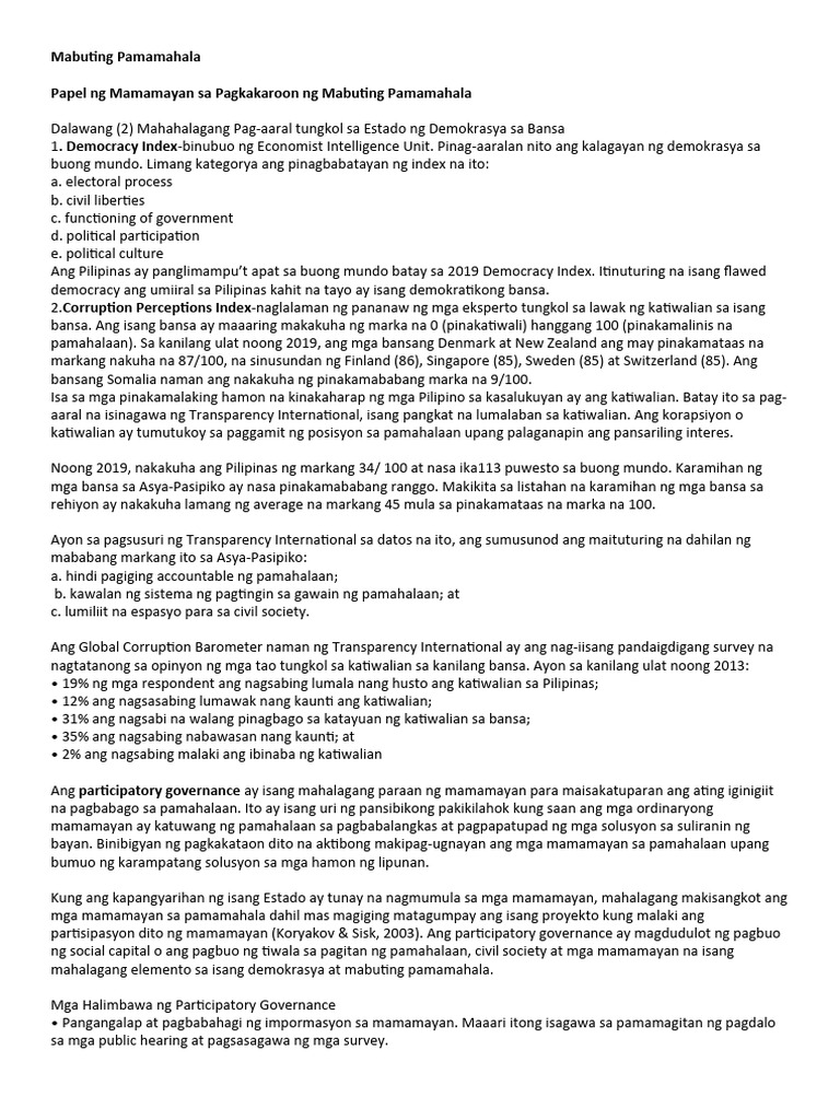 Handouts AP10 Q4 M4 Mabuting Pamamahala | PDF