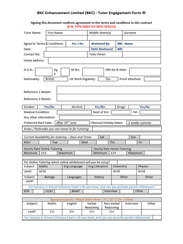 BKC TUTOR Agreement Form | PDF