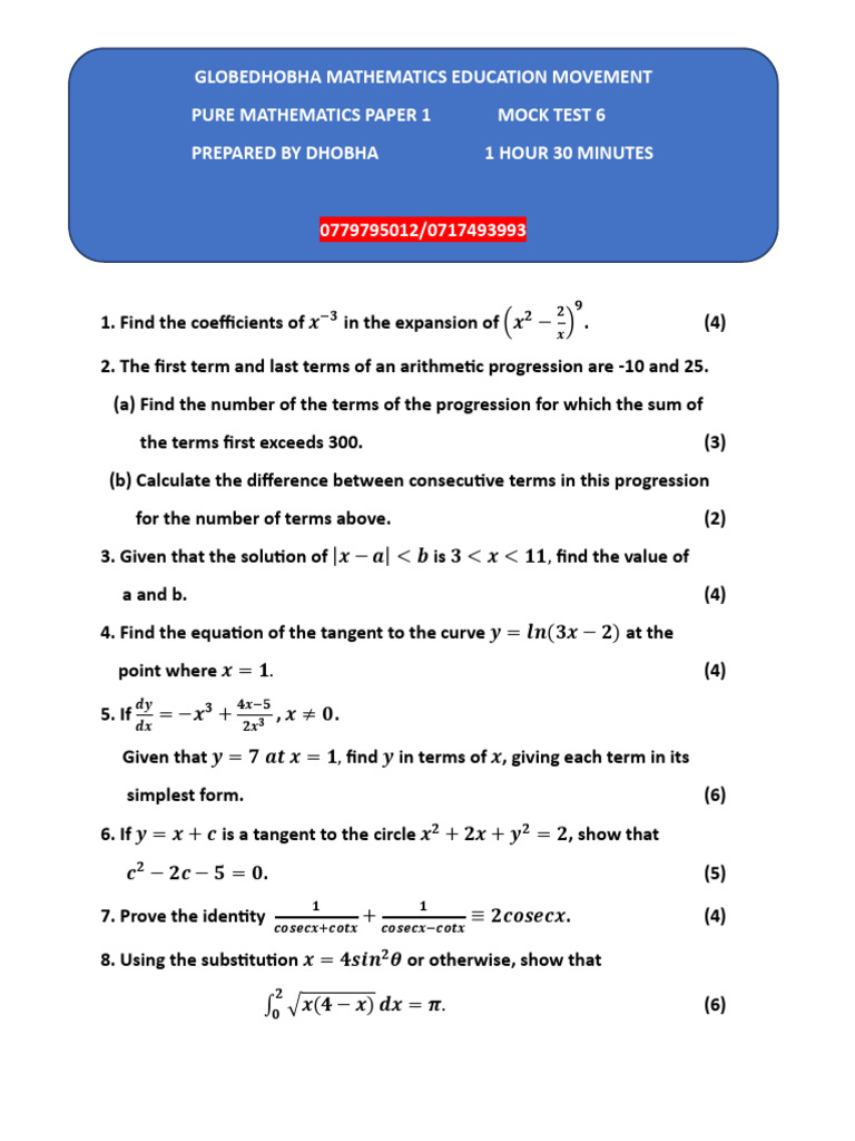 Pure Maths Paper 1 Mock Test 6 by Dhobha | PDF | Mathematics ...